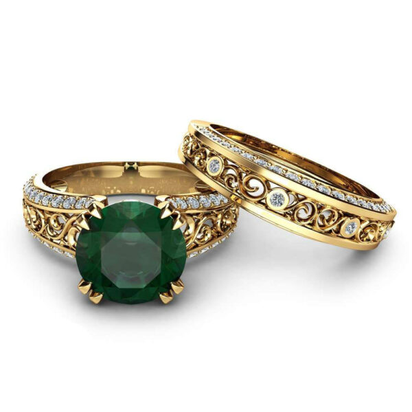 Vintage Lab Created Emerald Engagement Ring Set 2 Carat 14K Gold Unique ...
