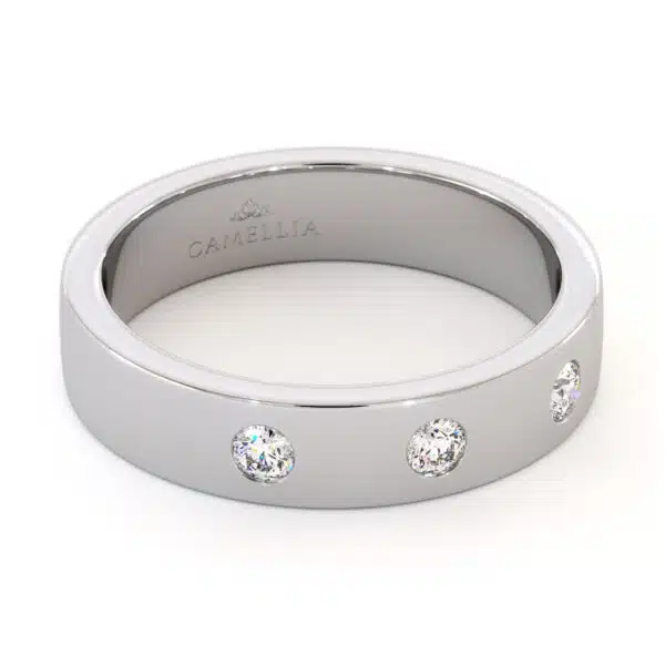 Three-Stone Flush Set Lab Diamond Wedding Band - Camellia Jewelry