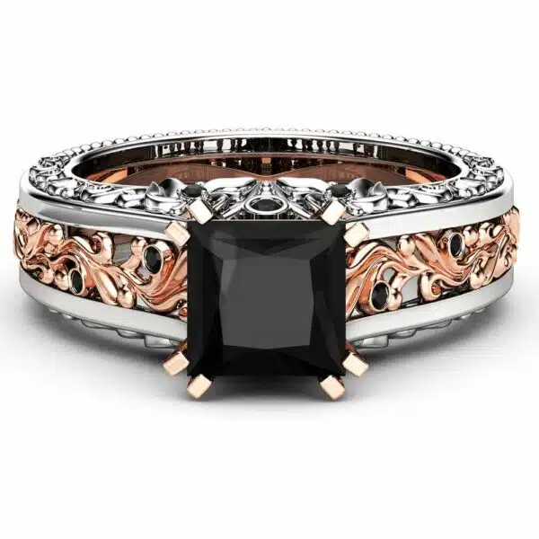 Princess Black Diamond Engagement Ring 14K Two Tone Gold Ring Black ...