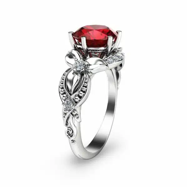 Lab Created Ruby Engagement Ring 14K White Gold Floral Engagement Ring - Camellia Jewelry