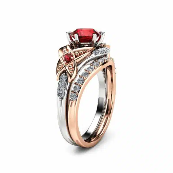 Wedding Ruby Engagement Ring Bridal Set with Half Eternity Band - Camellia Jewelry