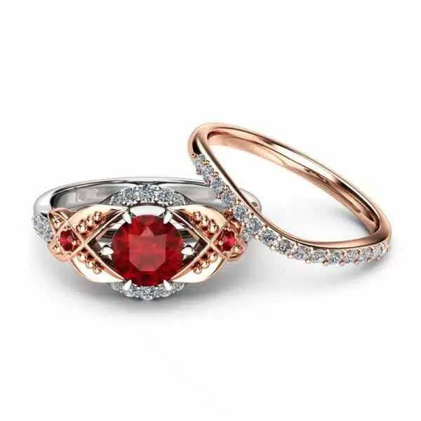 Wedding Ruby Engagement Ring Bridal Set with Half Eternity Band - Camellia Jewelry