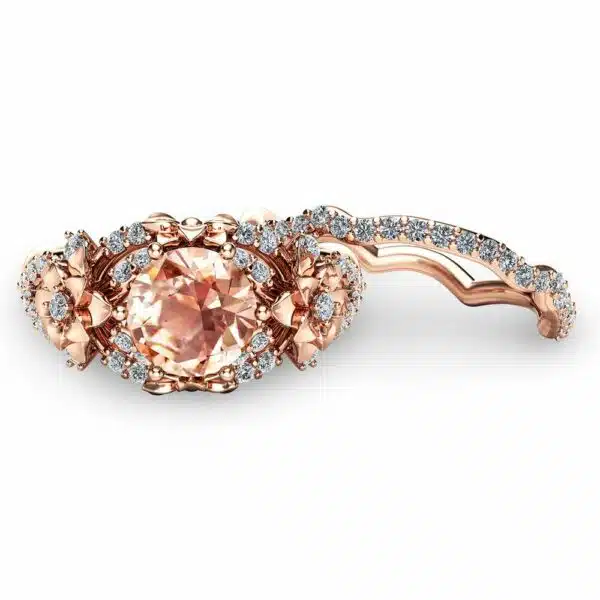 14K Rose Gold Morganite Bridal Set Floral Design Wedding Ring Set ...
