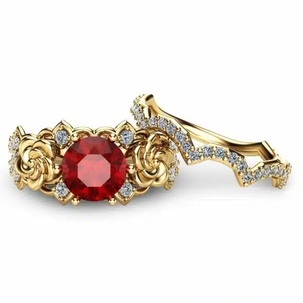 14K Gold Natural Ruby Engagement Ring Set Unique Ruby Bridal Rings ...