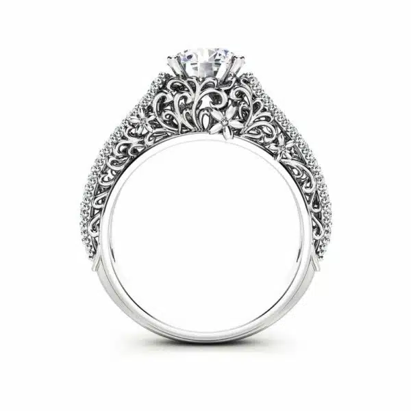 Vintage Pavé Moissanite Ring with Scroll Solitaire Setting